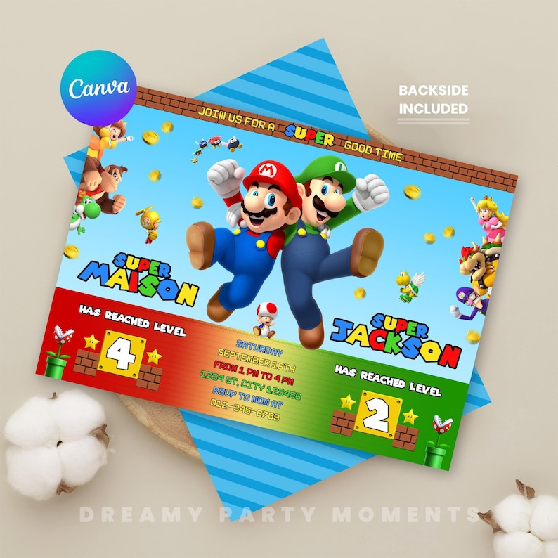 Super Mario Sibling Birthday Invitation Joint Birthday Invitation Twin ...