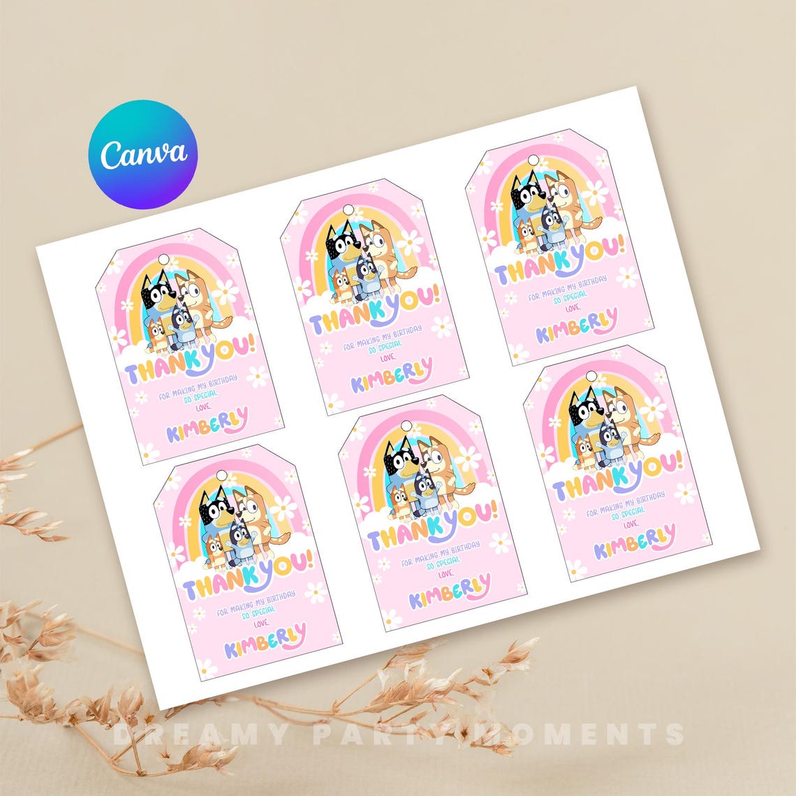 Bluey and Bingo Birthday Thank You Tag, Editable Bluey Birthday Party ...