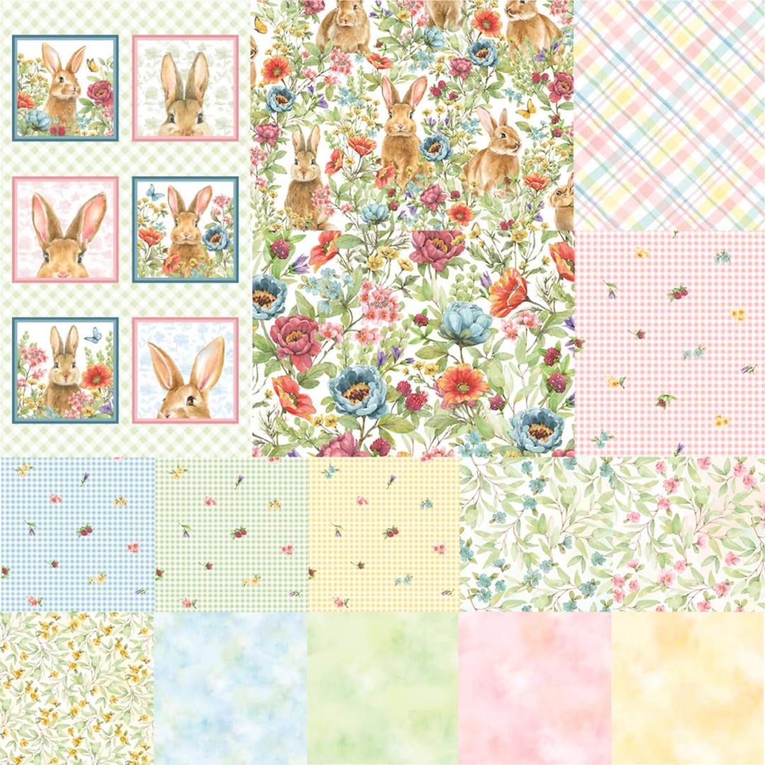Bunnies and Blooms FQ Bundle Childrens Fabric, 14 Pieces Plus 1 Panel ...