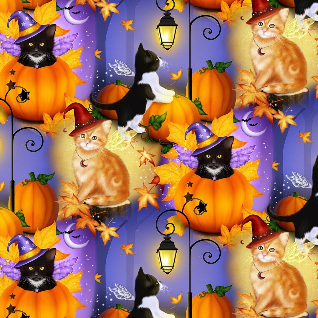 HALLOWEEN CAT FAIRIES, Halloween Fabric, Halloween Fabric Yardage, Cat ...