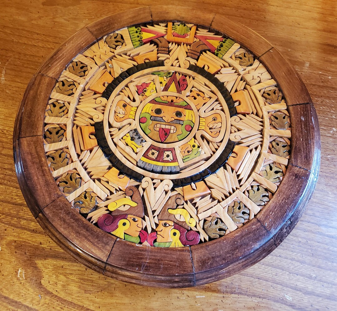 Vintage Handcrafted Aztec Calendar Wood Art Wall Decor - Intricate ...