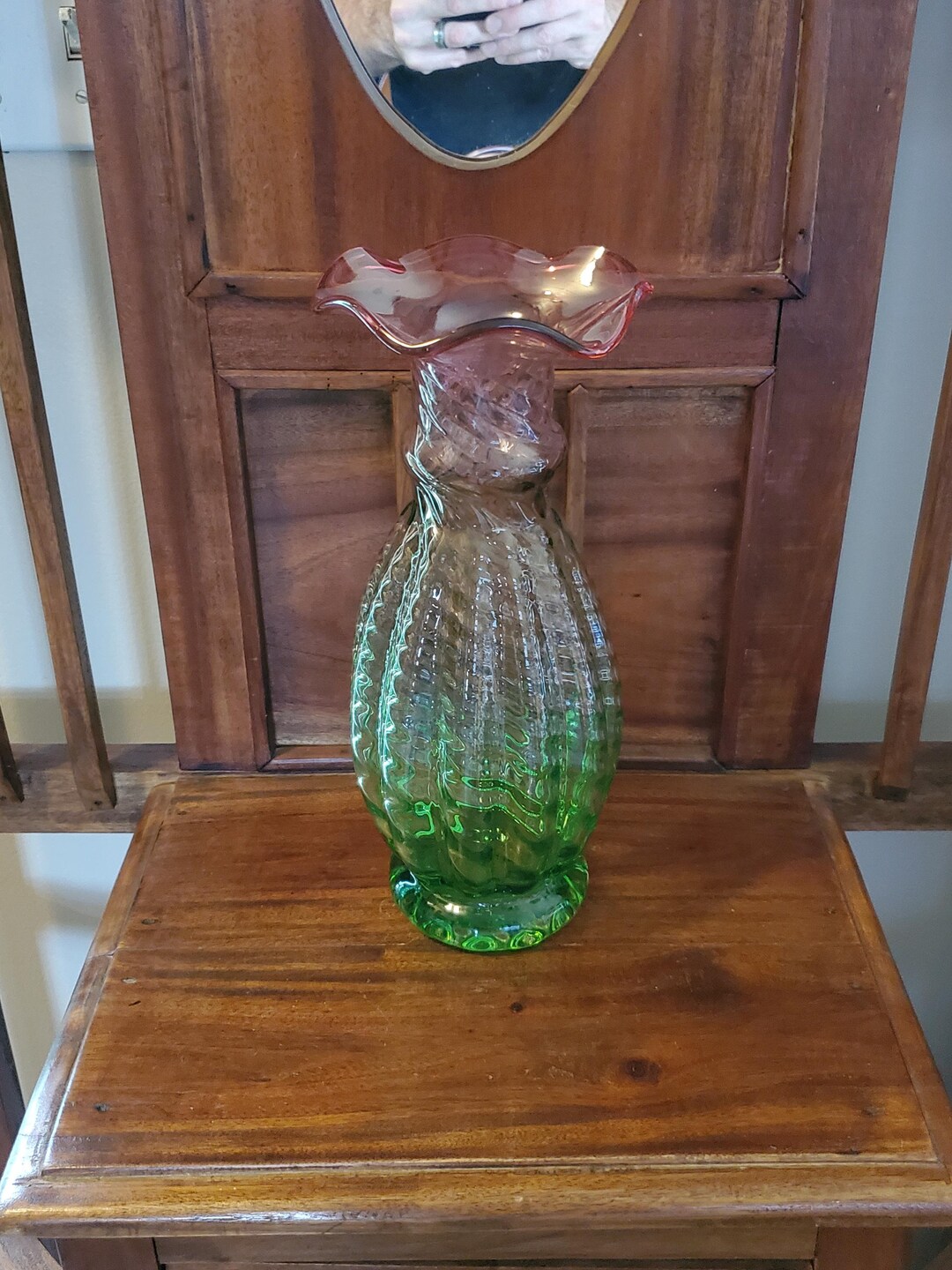 Vintage Watermelon Glass Vase With Ruffled Top, Pink and Green, 12 ...