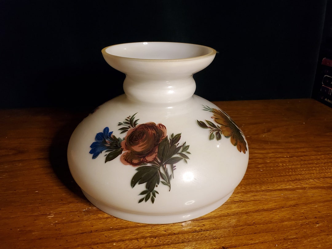 Glass Hurricane Lamp Shade With Floral Decor, Small Replacement Shade ...