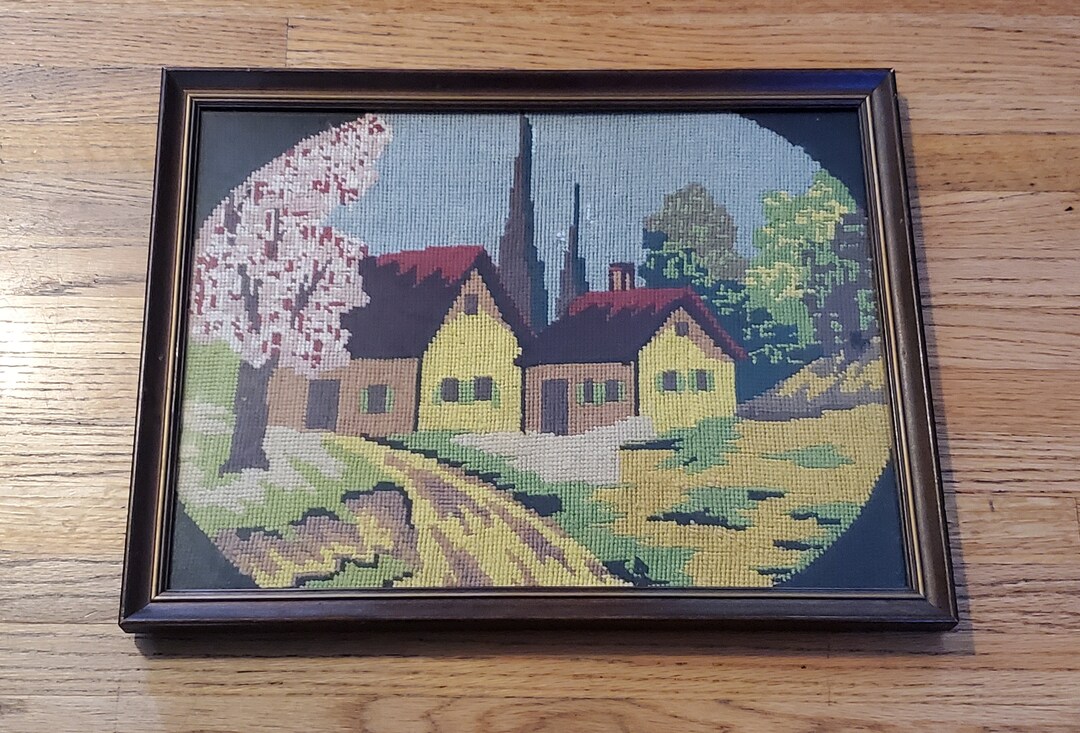 Antique Cross Stitch, Village Scene, Wall Hanging, 1930s, Handmade Art ...