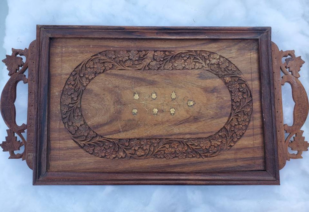 Hand Carved Wood Tray With Brass Inlay, Leaf, Vine, Flower, Vintage ...
