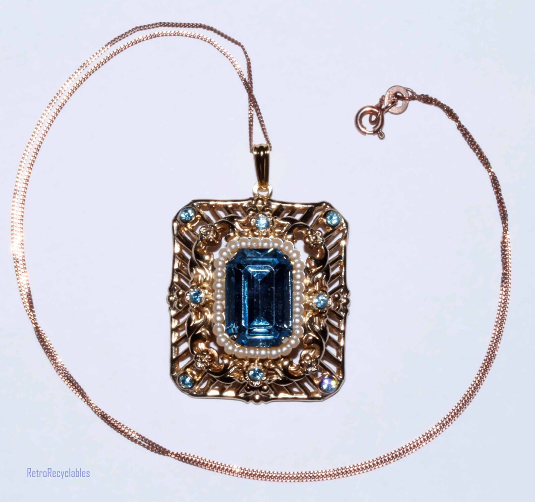 Coro Glass Pendant Necklace Sterling Silver & Rose Gold Vintage 1940s ...