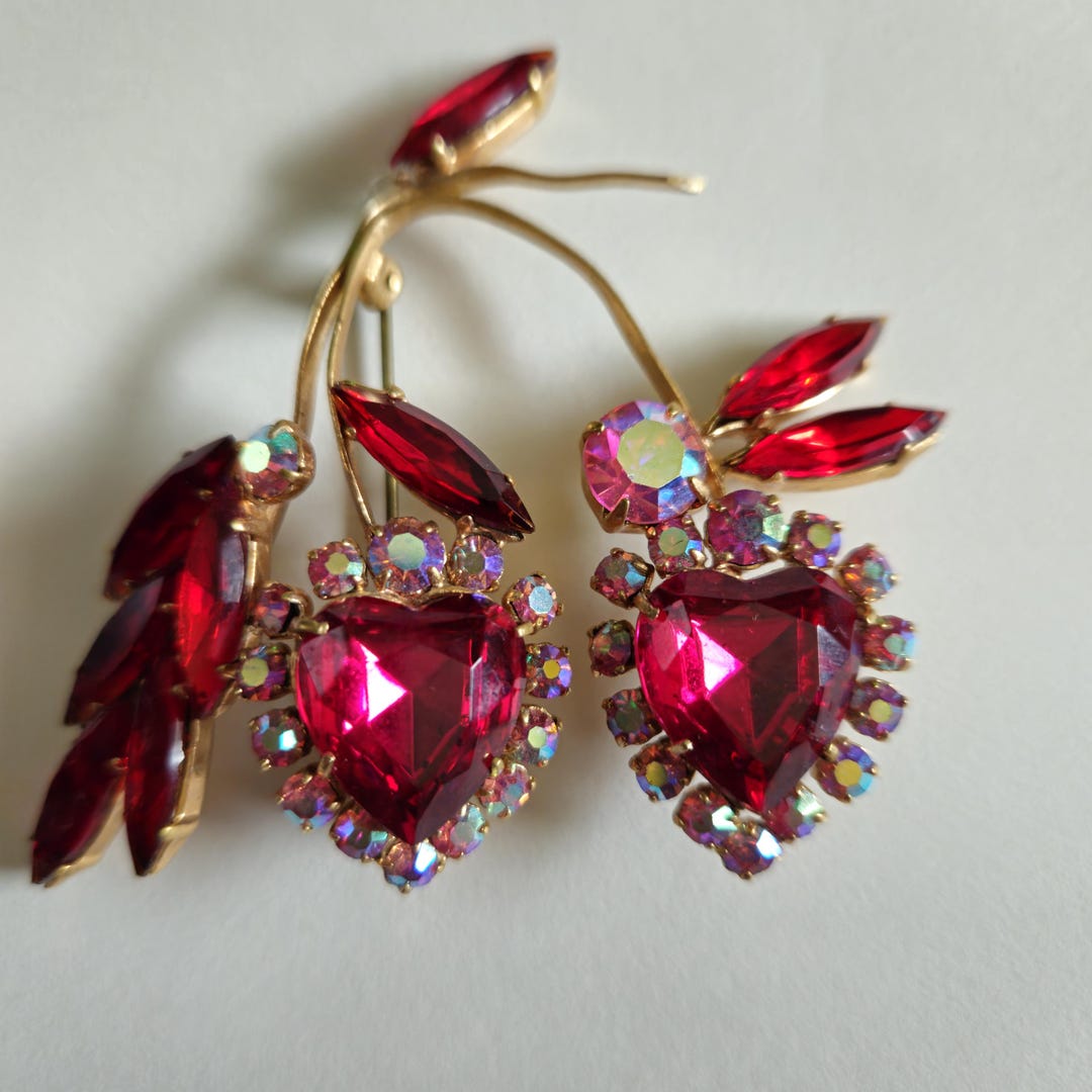 Vintage 1960s Red Heart Rhinestone Brooch, Aurora Borealis Crystal ...