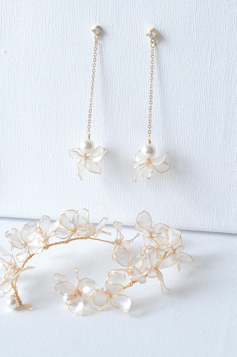Jasmine Long Bridal Earrings – Pearl Chain Floral Wedding Clip on ...
