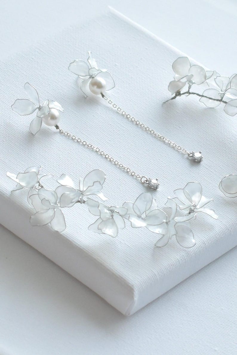 Jasmine Long Bridal Earrings – Pearl Chain Floral Wedding Clip on ...