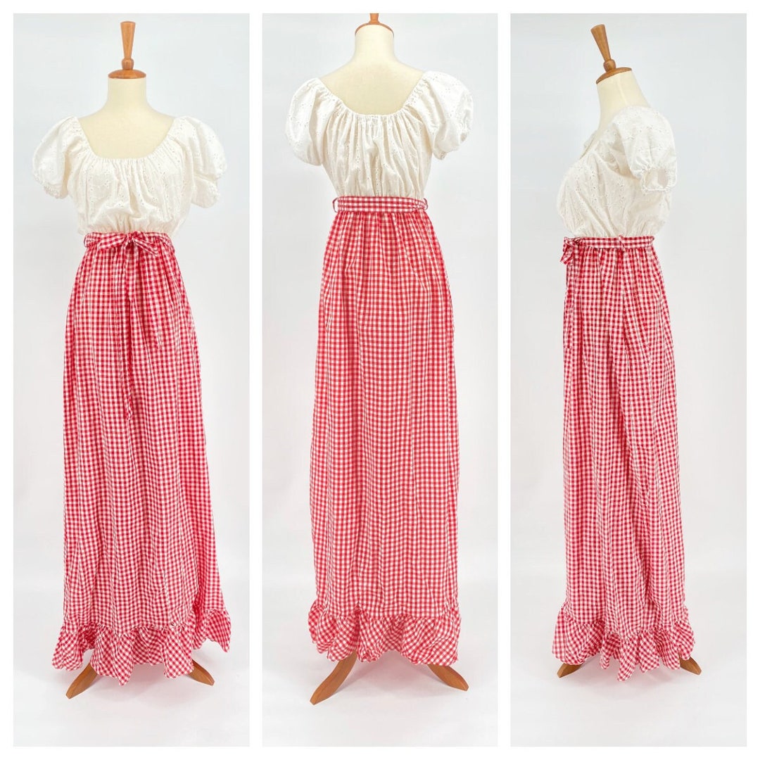 Vintage 70s Red and White Gingham Eyelet Floor Length Maxi Dress Short ...