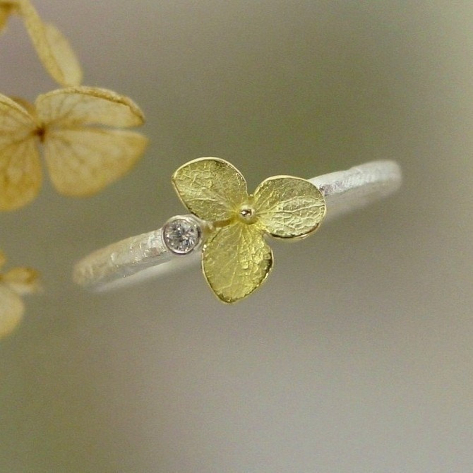Hydrangea Blossom Diamond Engagement Ring, Floral Stacking Ring ...