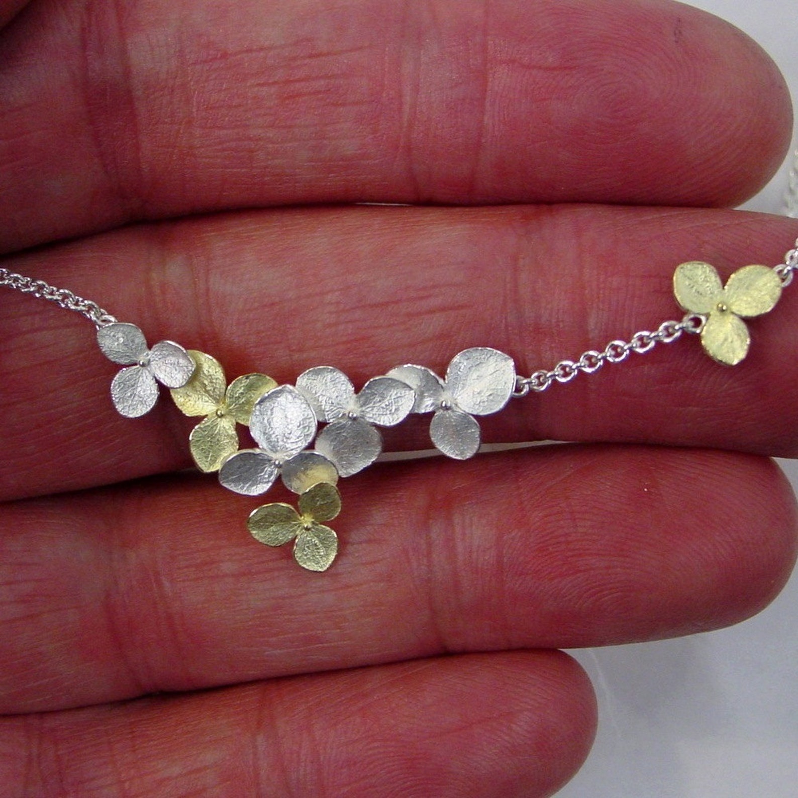 Silver and Gold Hydrangea Cluster Necklace, Wedding Necklace, Flower ...