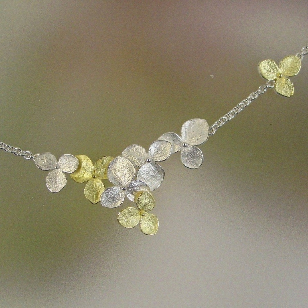 Silver and Gold Hydrangea Cluster Necklace, Wedding Necklace, Flower ...