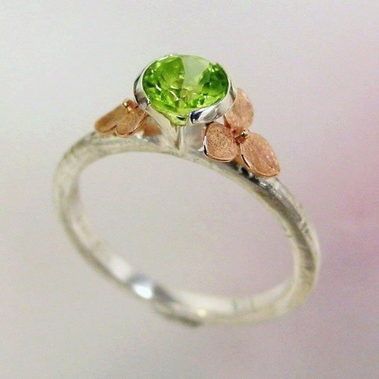 Peridot Ring, 14k Rose Gold Hydrangea Flowers, Green Peridot Gemstone ...