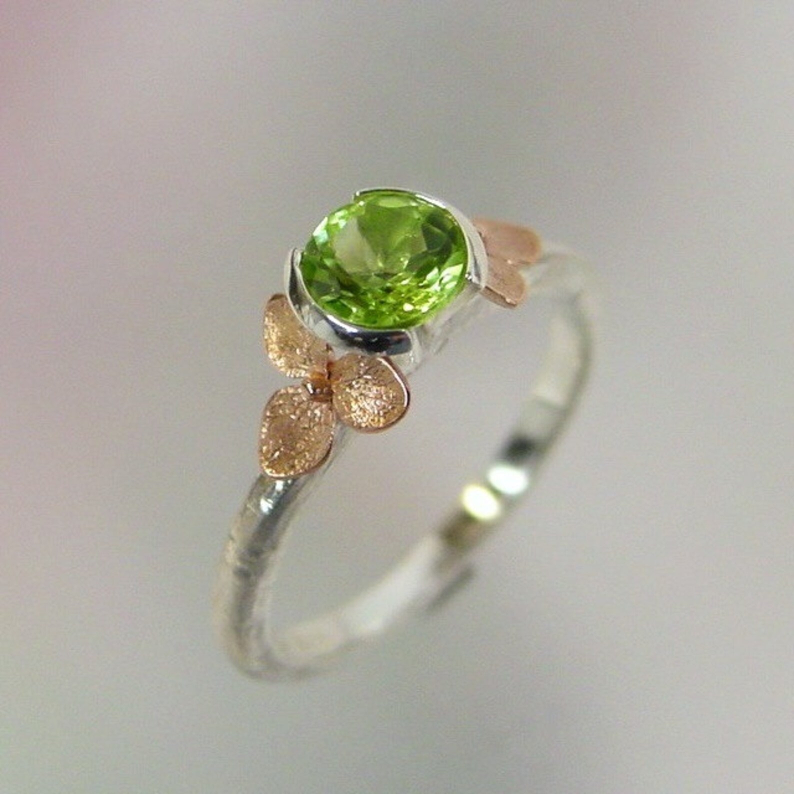 Peridot Ring, 14k Rose Gold Hydrangea Flowers, Green Peridot Gemstone ...