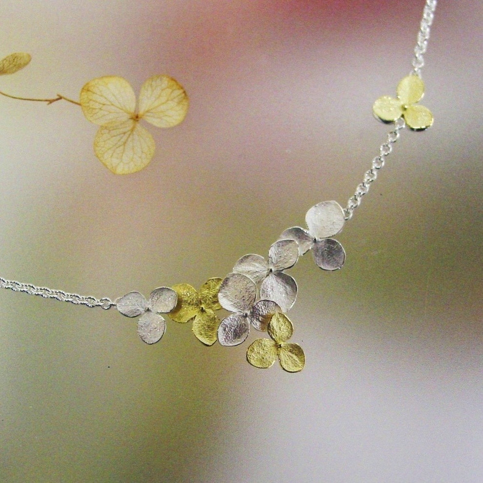 Silver and Gold Hydrangea Cluster Necklace, Wedding Necklace, Flower ...