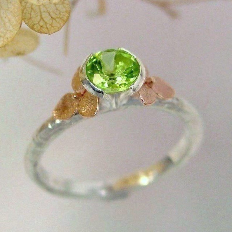 Peridot Ring, 14k Rose Gold Hydrangea Flowers, Green Peridot Gemstone ...