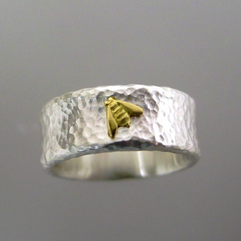 Wide Silver Bee Ring Hammered Silver Band Honeybee Ring 18k - Etsy