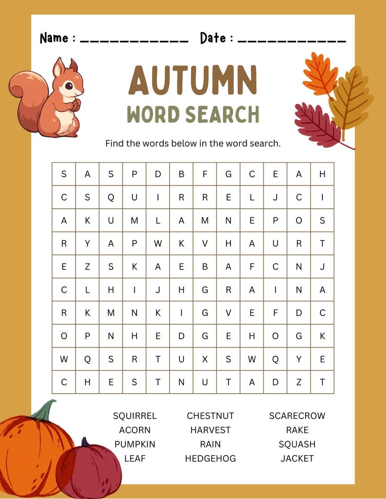 Autumn Words Puzzle Worksheet for Kindergarten | Fun Fall Vocabulary ...