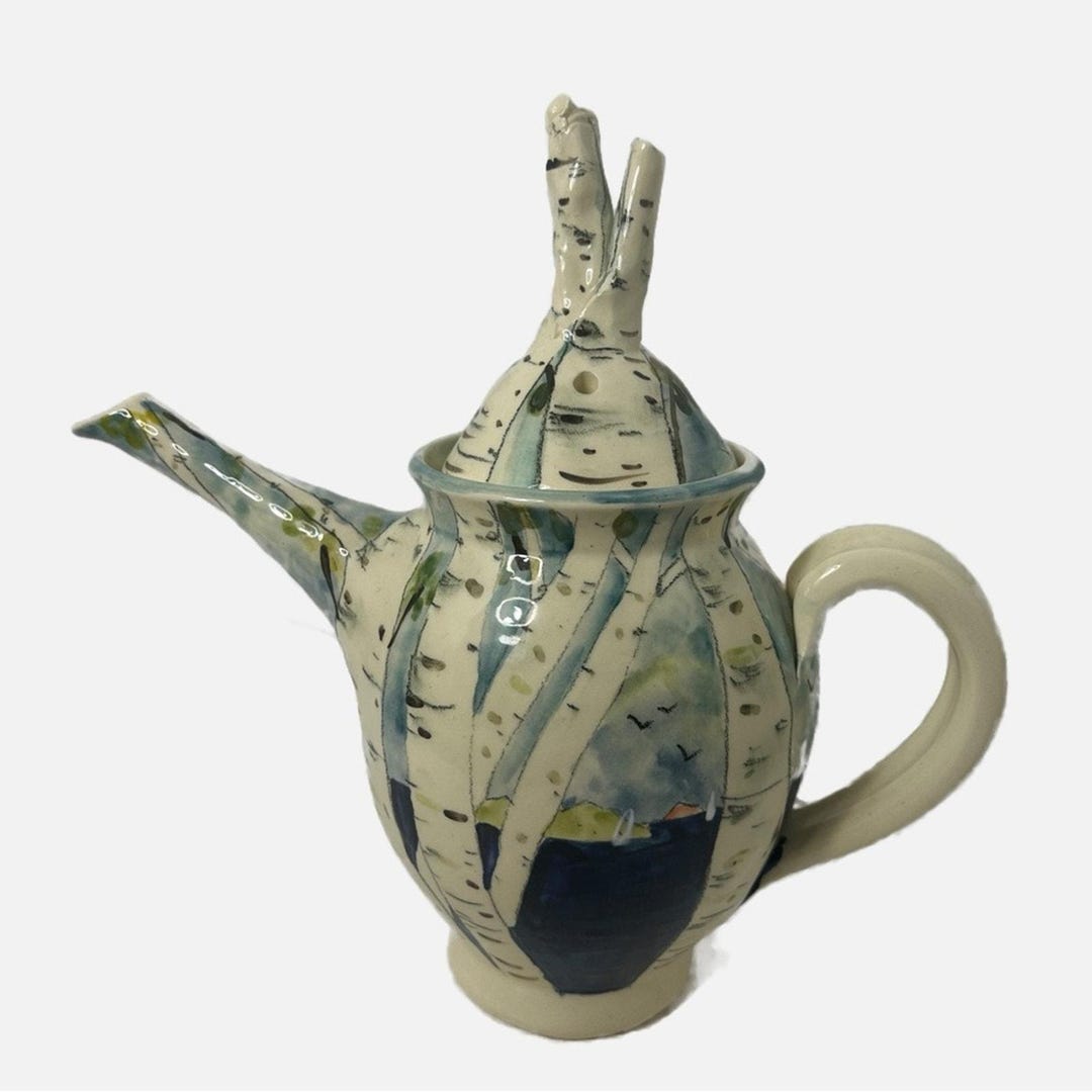 Art Studio Pottery Teapot Birch Tree Handpainted Nature - Etsy