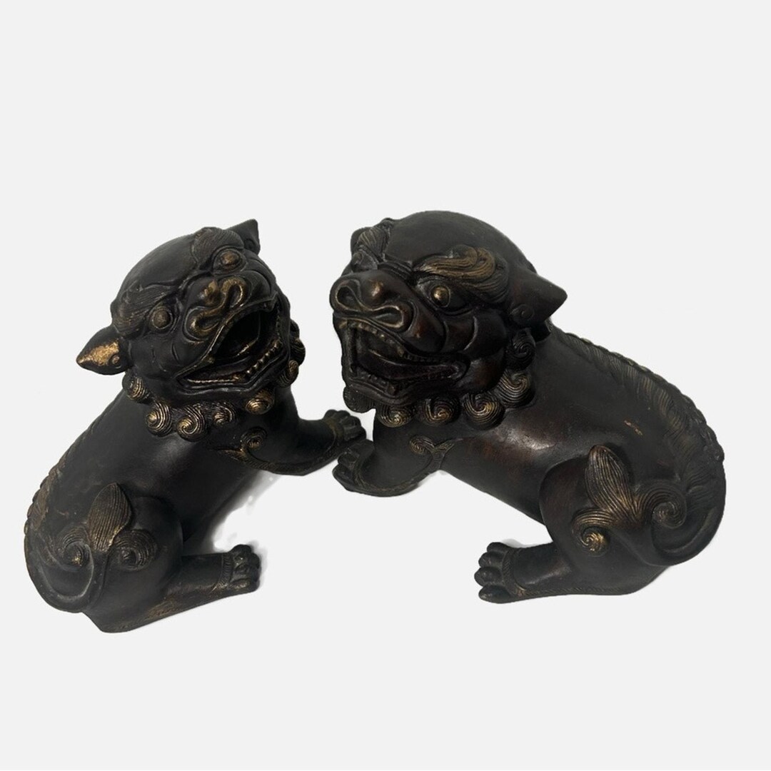 Vintage Foo Dogs Chinese Set of 2 Statues Bookends Decor Resin Dark ...