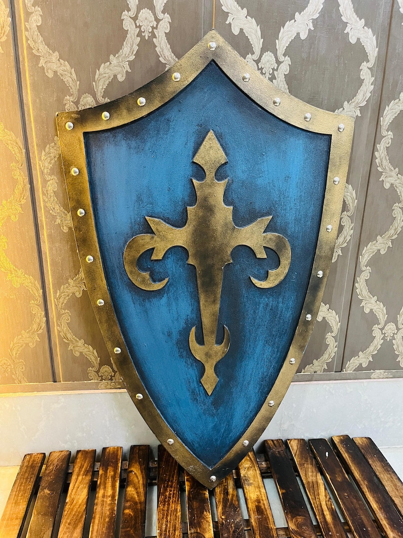 Handcrafted Wooden Templar Knight Shield: Blue & Gold Medieval Decor - Etsy