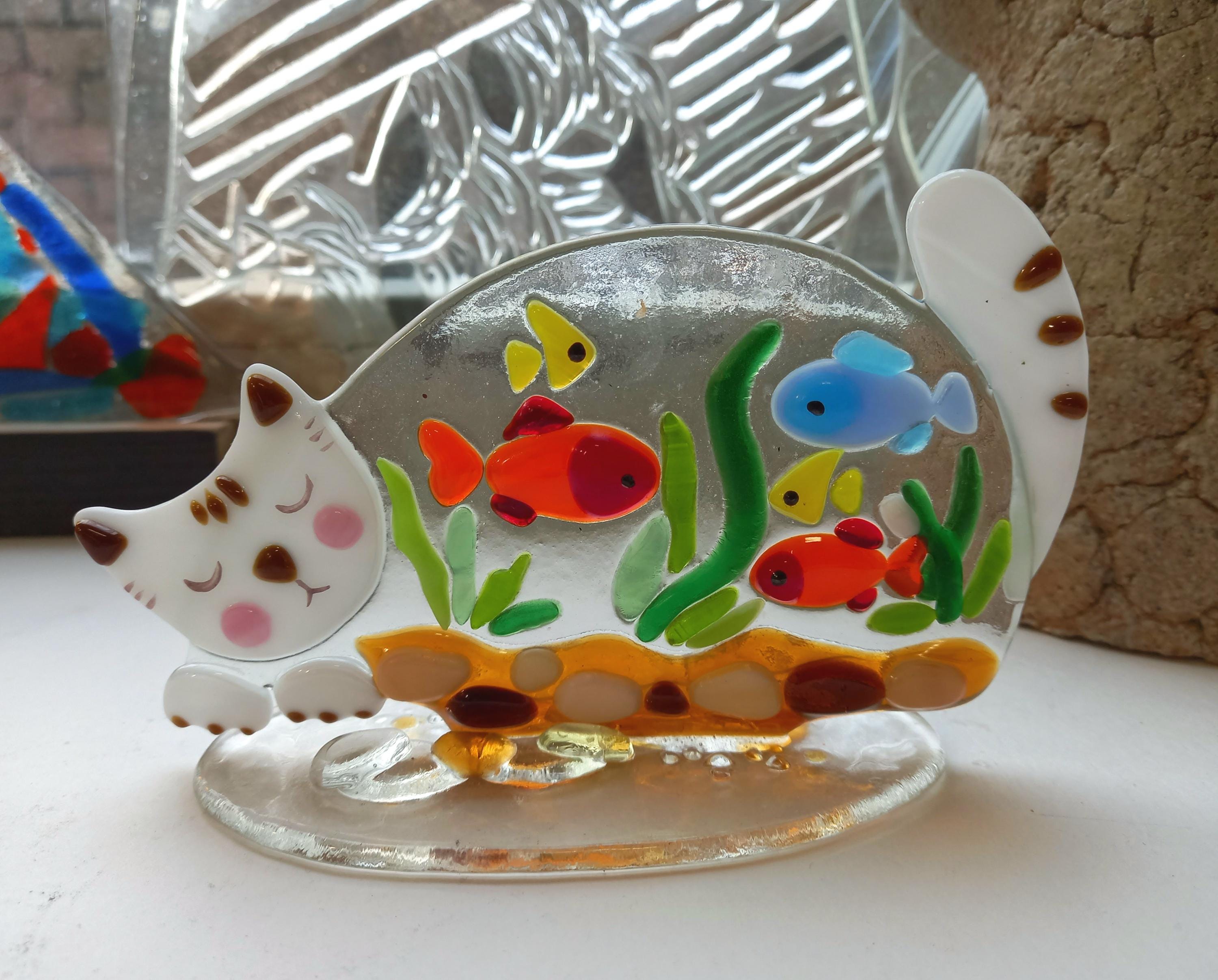 Whimsical Fused Glass Cat Suncatcher With Aquarium - Handcrafted ...