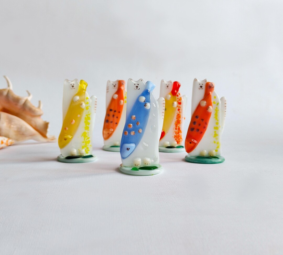 Handcrafted Fused Glass Fisherman Cat Figurine - Unique Stained Art ...