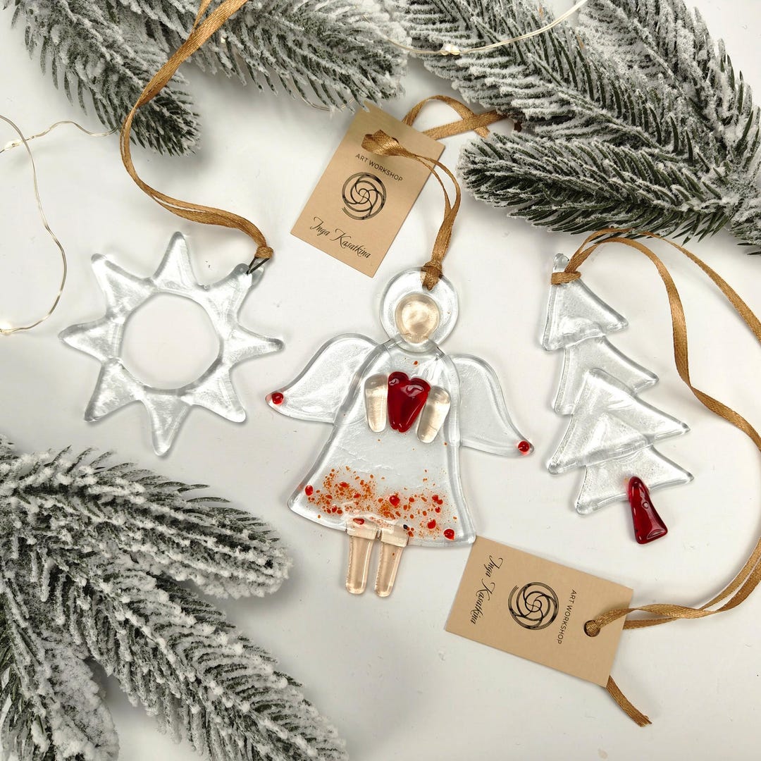 Fused Glass Angel Box Set: Christmas Tree Decoration, Star Figurine ...