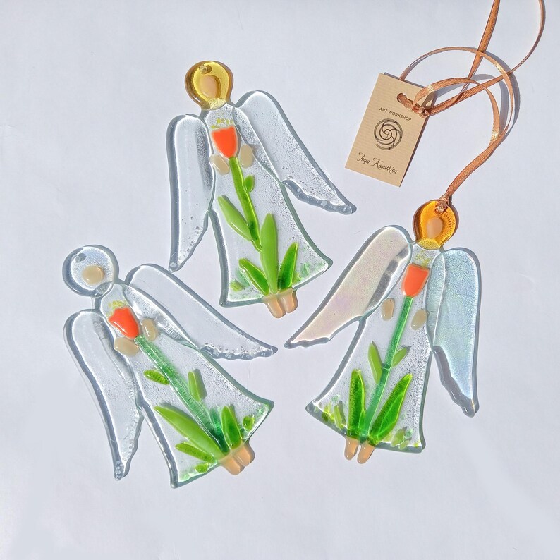 Handcrafted Fused Glass Guardian Angel Suncatcher With Tulip - Unique ...