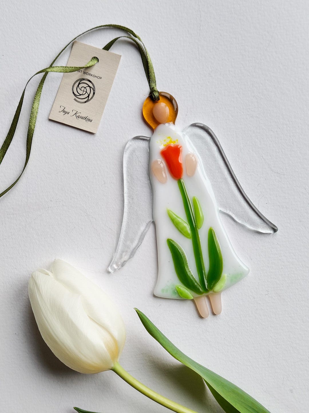 Handcrafted Fused Glass Guardian Angel Suncatcher With Tulip - Unique ...