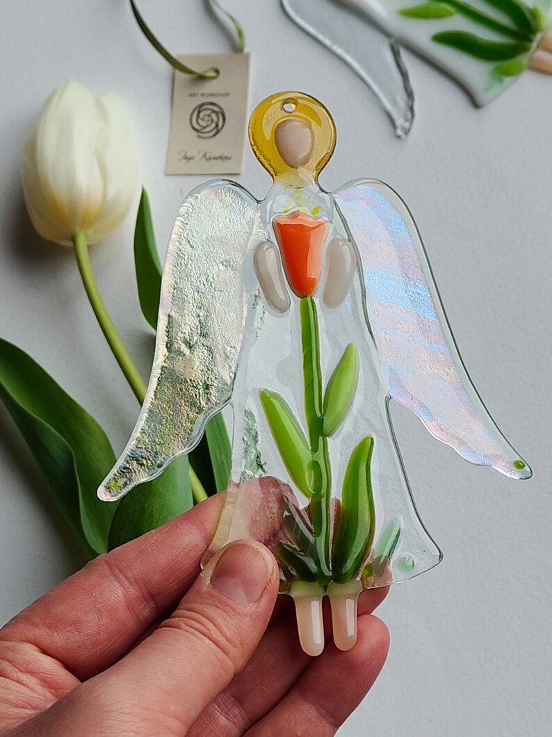 Handcrafted Fused Glass Guardian Angel Suncatcher With Tulip - Unique ...