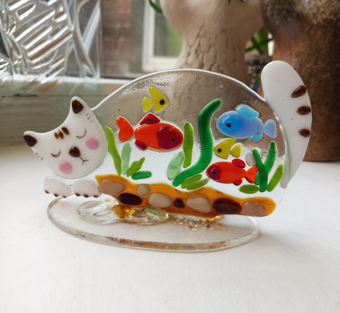 Whimsical Fused Glass Cat Suncatcher With Aquarium - Handcrafted ...