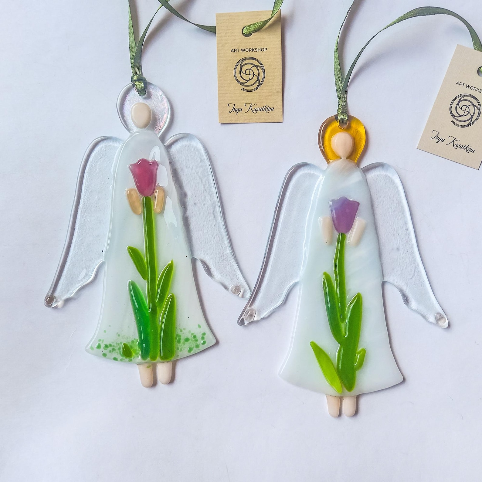 Fused Glass Guardian Angel Suncatcher With Tulip Accent - Handcrafted ...