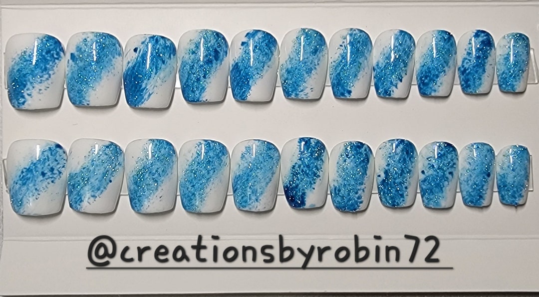 Set of 22 (11 Sizes) Soft Gel Short Coffin Blue Geode Sparkle Press on ...