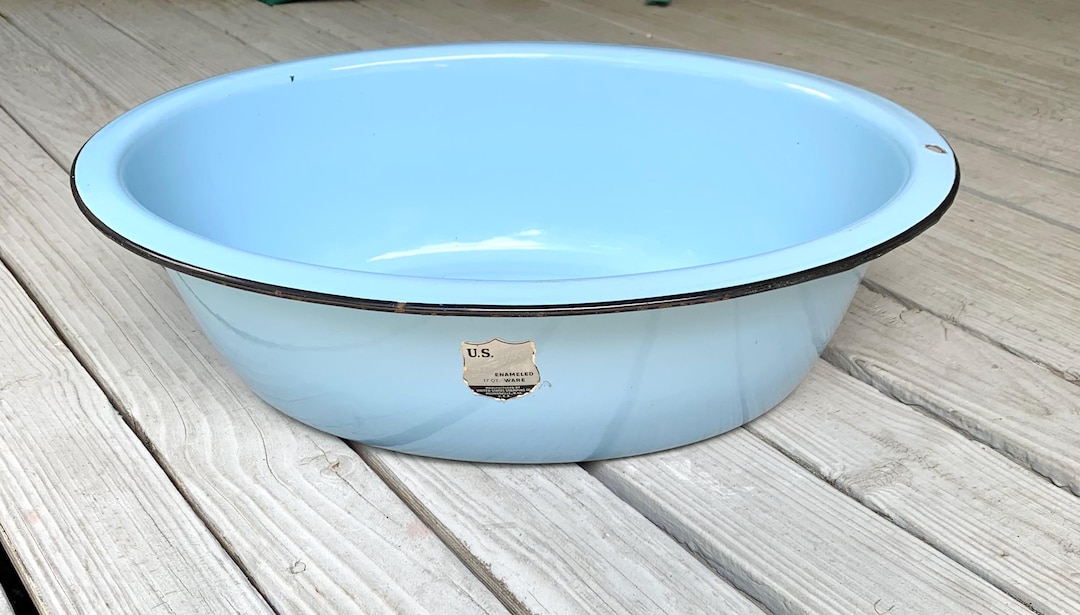 Vintage Large Enamel Ware Tub Basin Oval Wash Bowl 20.5” Blue Black ...