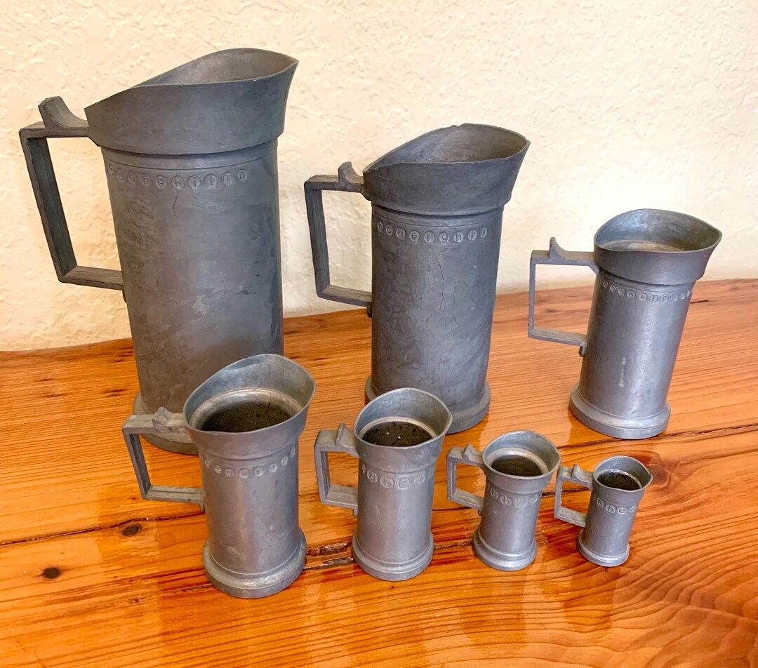 Antique 7 Piece Pewter Metal MEASURING Cups Tankard Litre Liter Europe ...