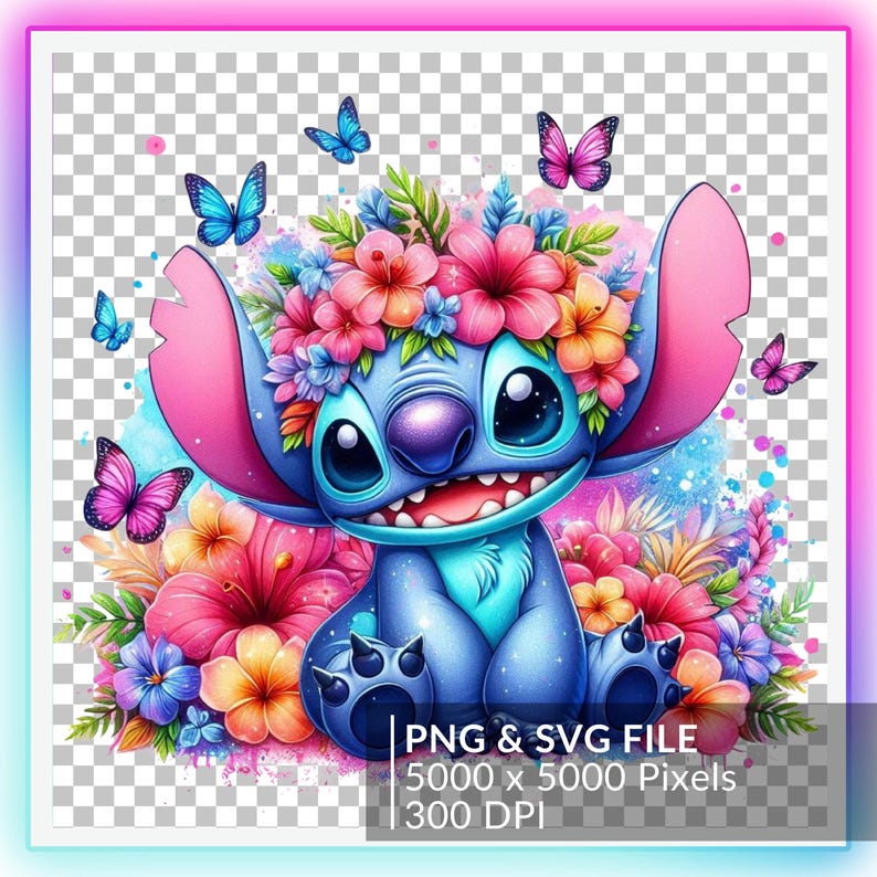 Stitch SVG Stitch PNG Watercolor Splash Floral Cartoon Character ...