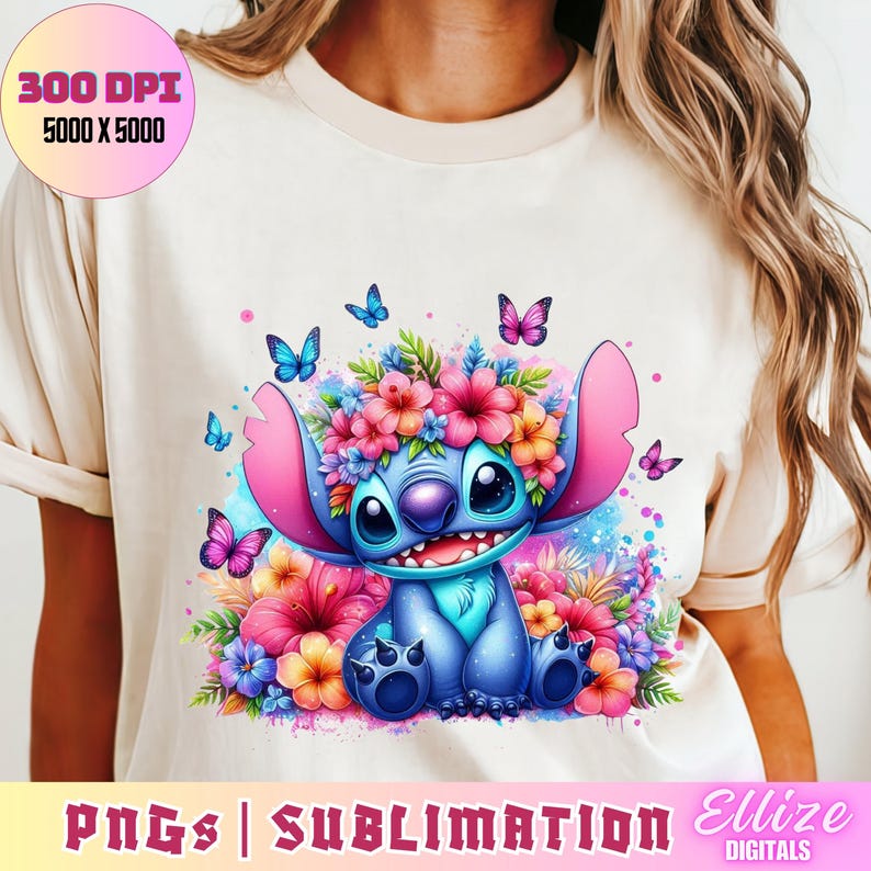 Stitch SVG Stitch PNG Watercolor Splash Floral Cartoon Character ...