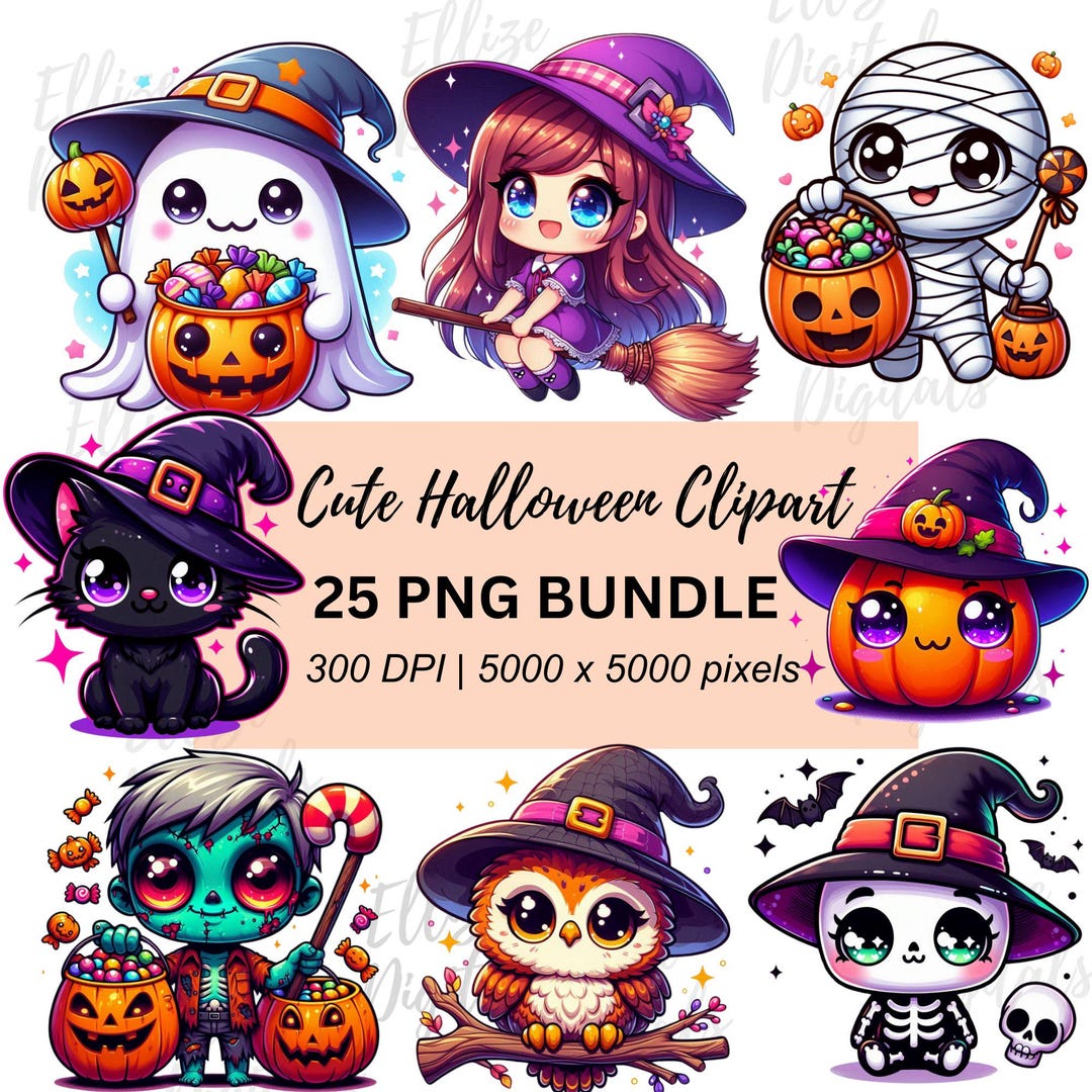 Halloween Chibi Clipart Bundle Spooky Kawaii Clipart Graphic Set ...