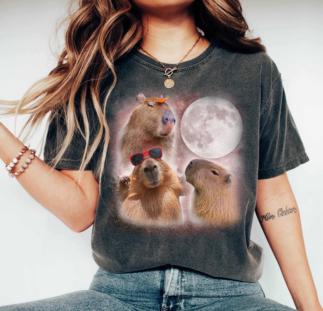Capybara With the Moon Shirt, Three Capybara Vintage Graphic Shirt ...