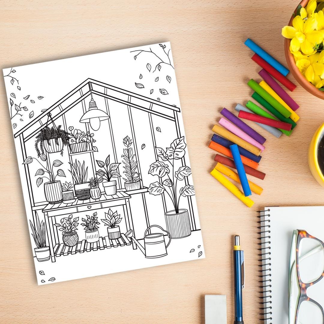 Autumn Greenhouse Coloring Page, Floral Coloring, Adult Color, Kids ...