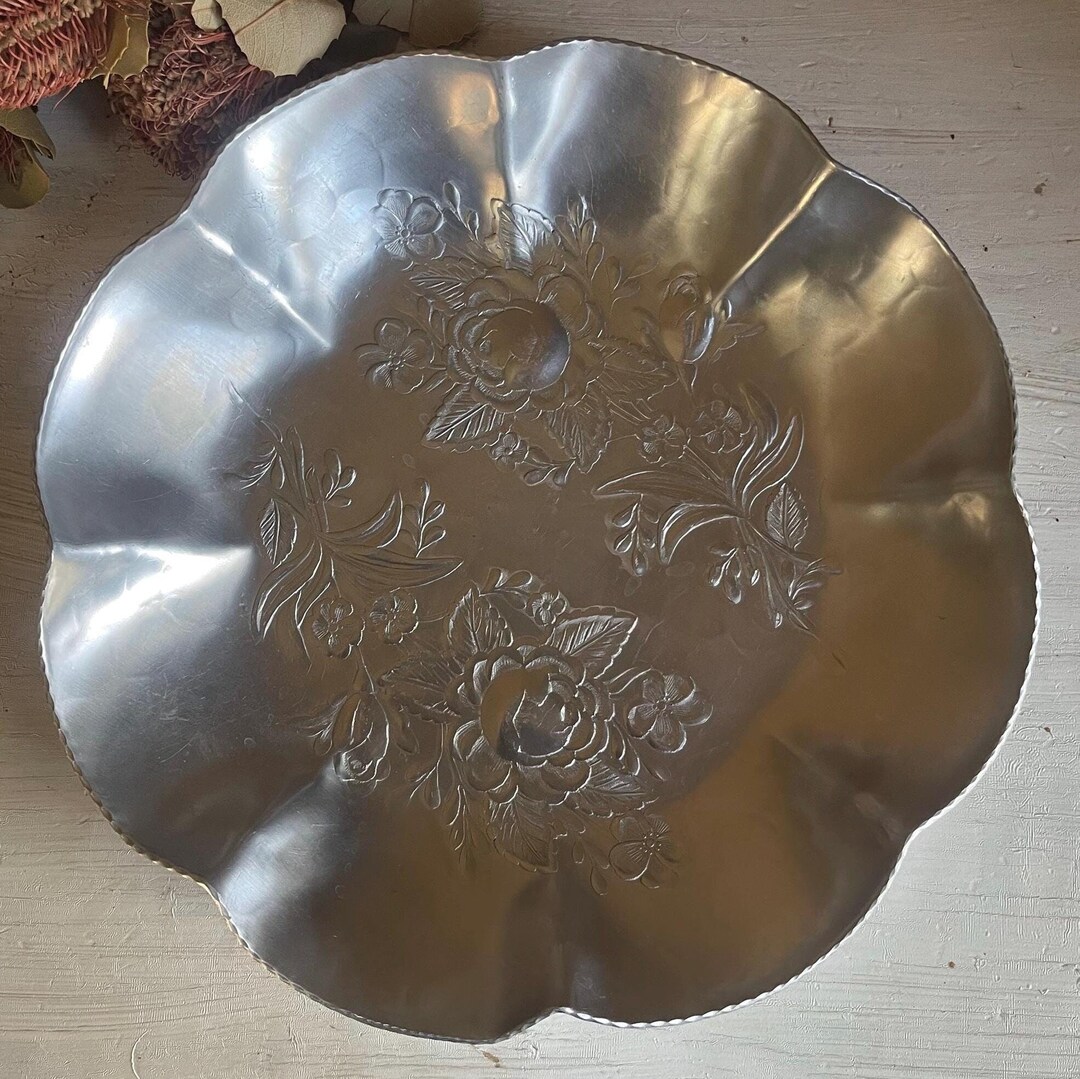 Hand Forged Hammered Aluminum Bowl With Floral Design and Ruffled Edges ...