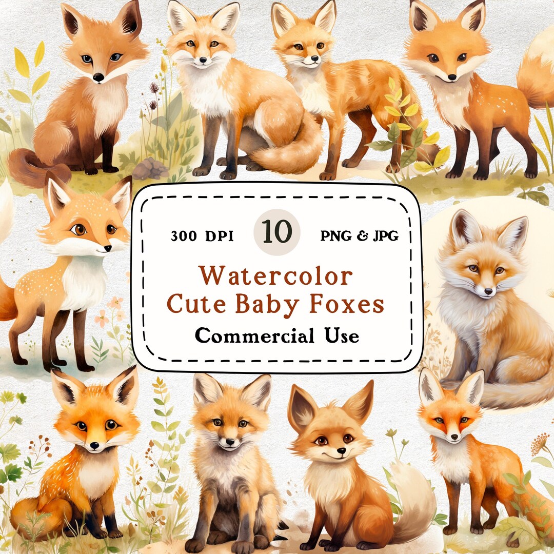 Cute Baby Foxes - 10 Watercolor Clipart Set, Cute Fox Clip Art, Animal ...