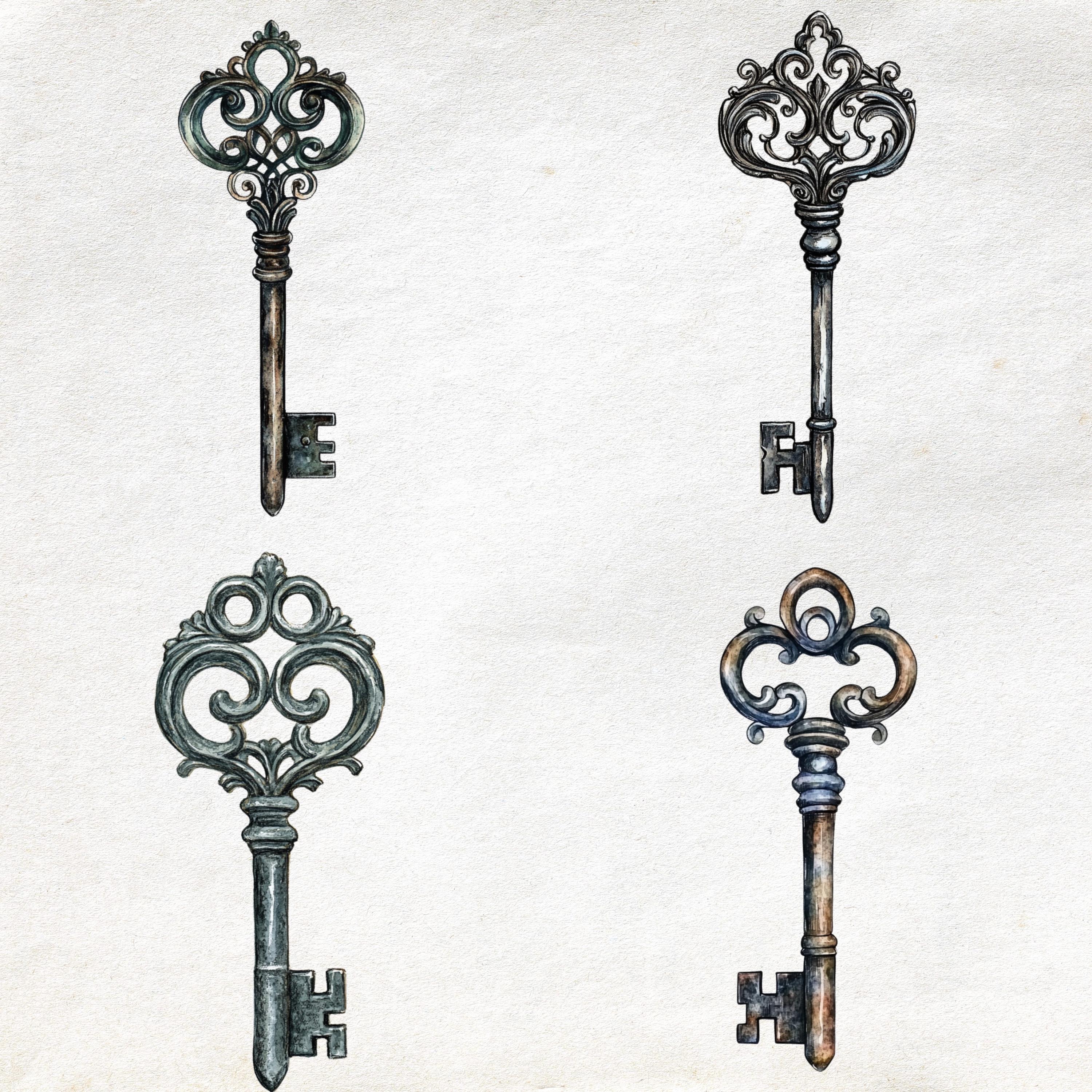 Vintage Keys - 11 Watercolor Clipart Set, Antique Key Illustration ...