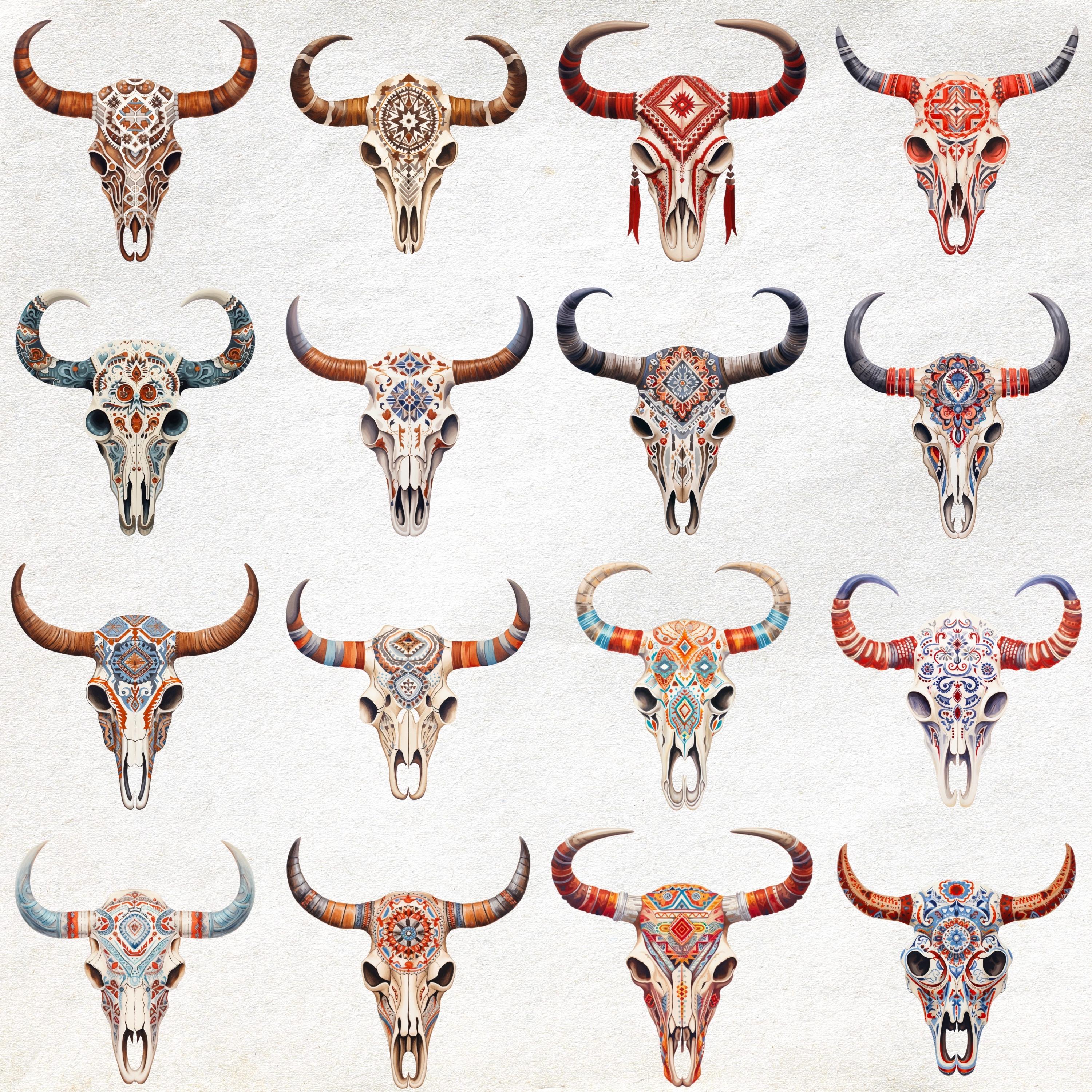 Longhorn Skulls - 20 Watercolor Clipart Set, Boho, Tribal, Ethnic ...