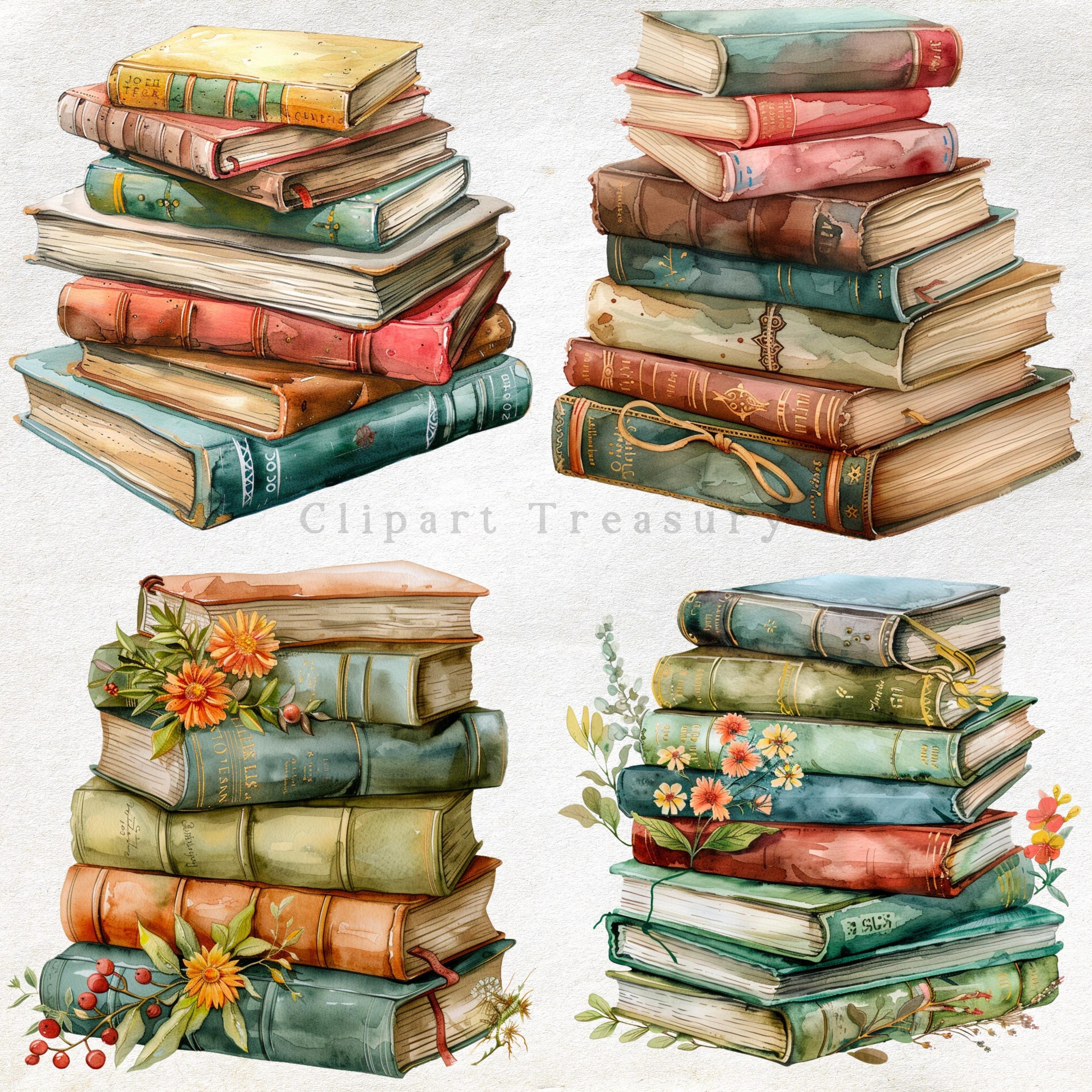 Book Stacks - 8 Watercolor Clipart Set, Old Book, Pile of Books ...