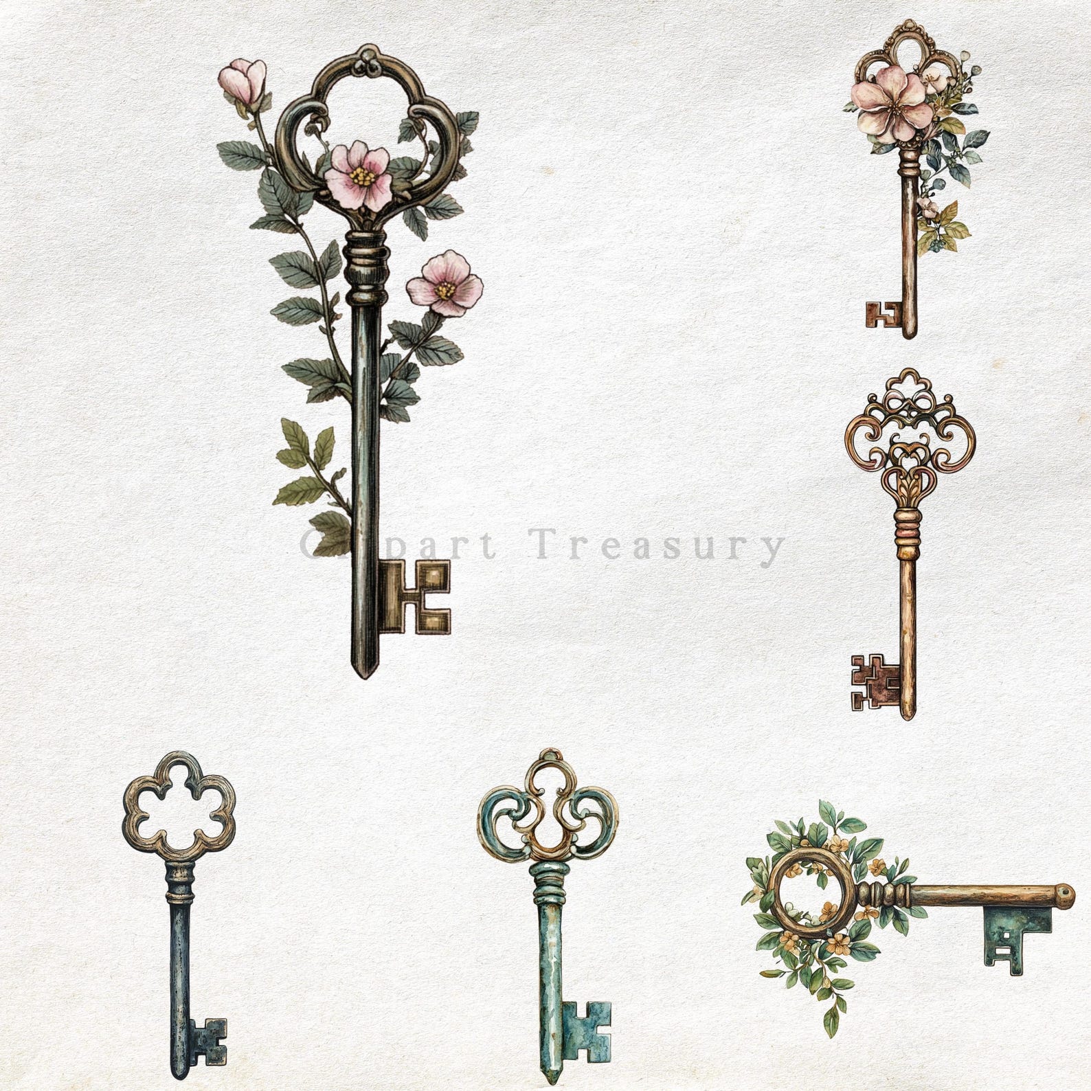 Vintage Keys - 10 Watercolor Clipart Set, Antique Key Illustration ...