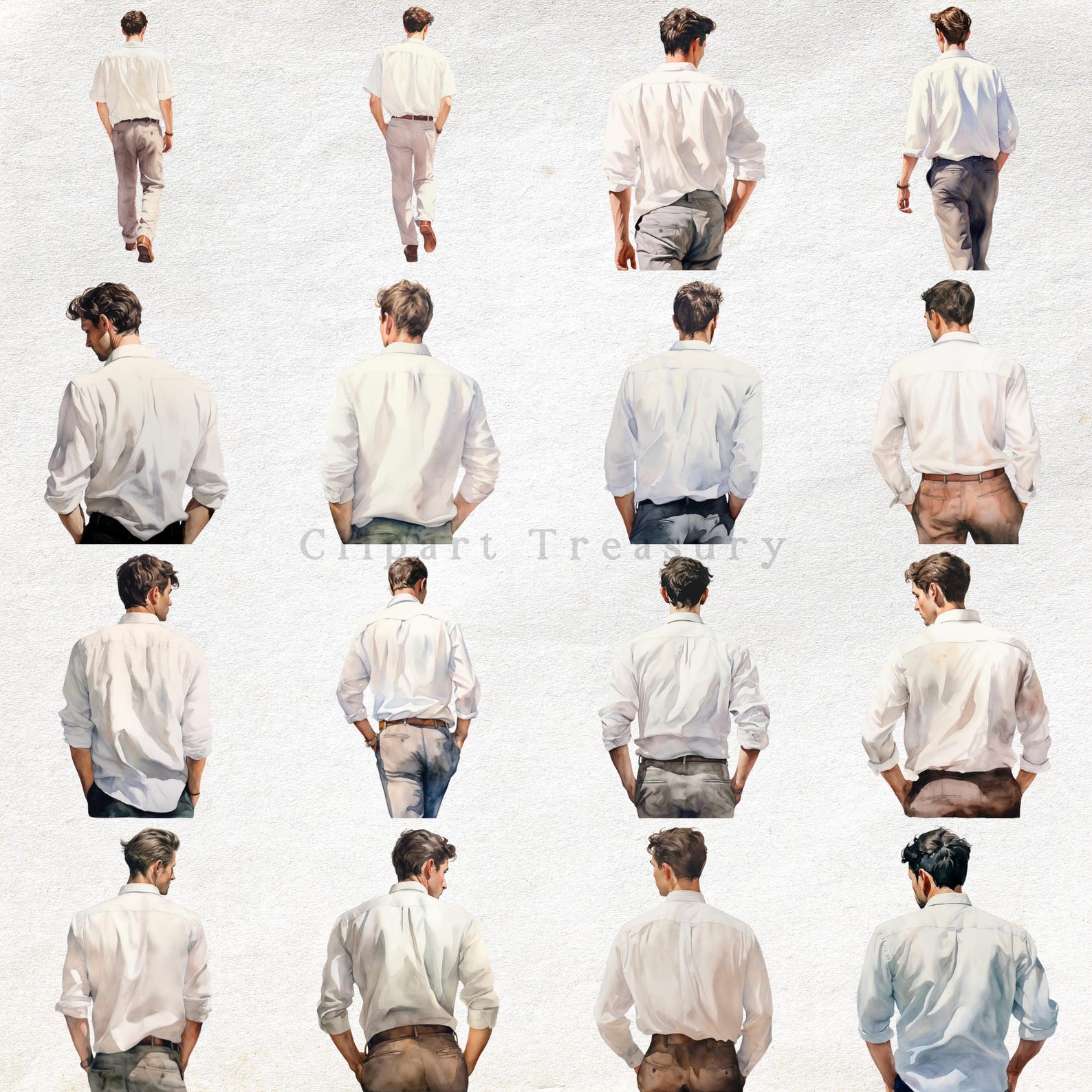 Men Back View - 25 Watercolor Clipart Set, Man Clipart, Man in White ...