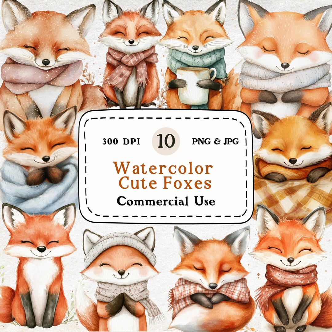 Cute Foxes - 10 Watercolor Clipart Set, Cute Fox Clip Art, Animal ...